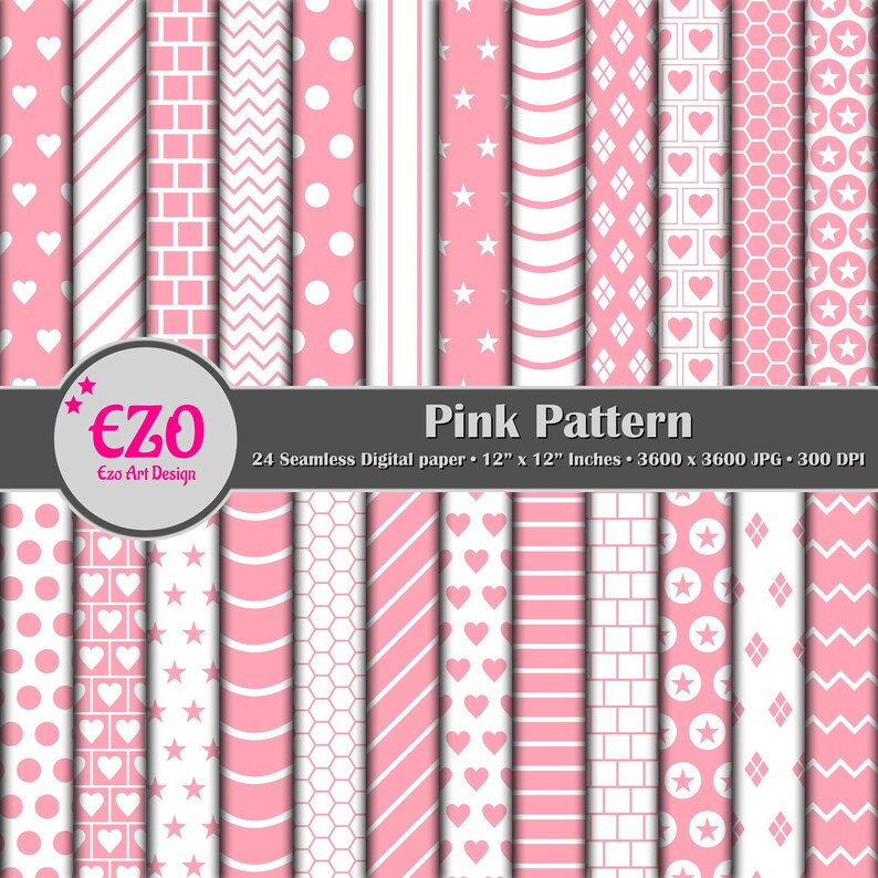 Pink Pattern Digital Paper Pack 24 Papers Scrapbook Papers Seamless ...