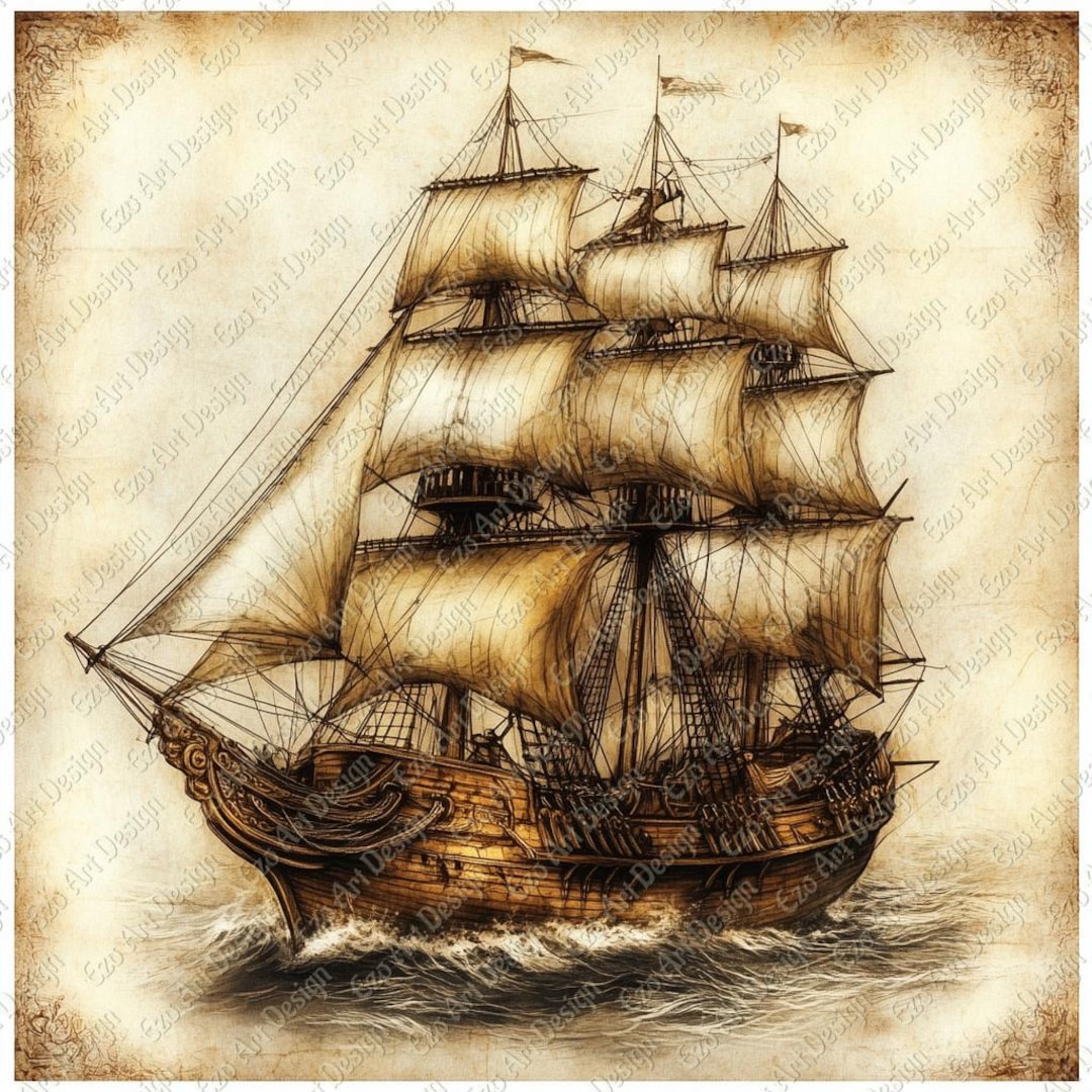 Vintage Pirate Ship Clipart, Antique Frigate Warship Art (digital ...