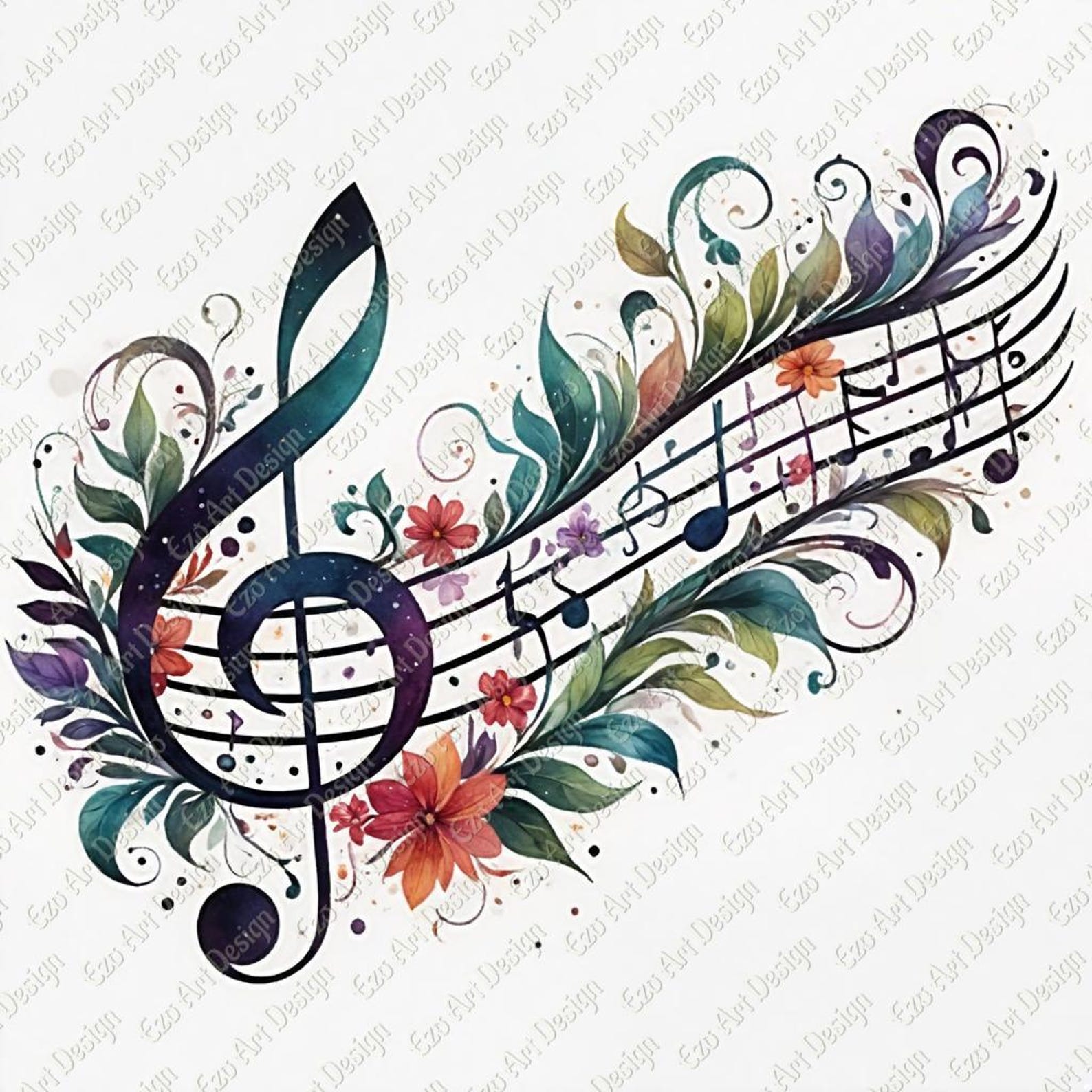 Floral Music Note Clipart, 10 High Quality JPG, Melody Symbol, Musical ...
