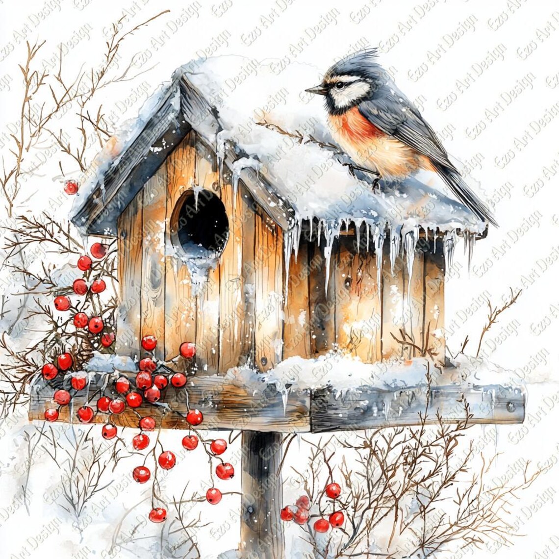 Robin Birdhouse Winter Clipart: Holiday JPG Designs - Etsy
