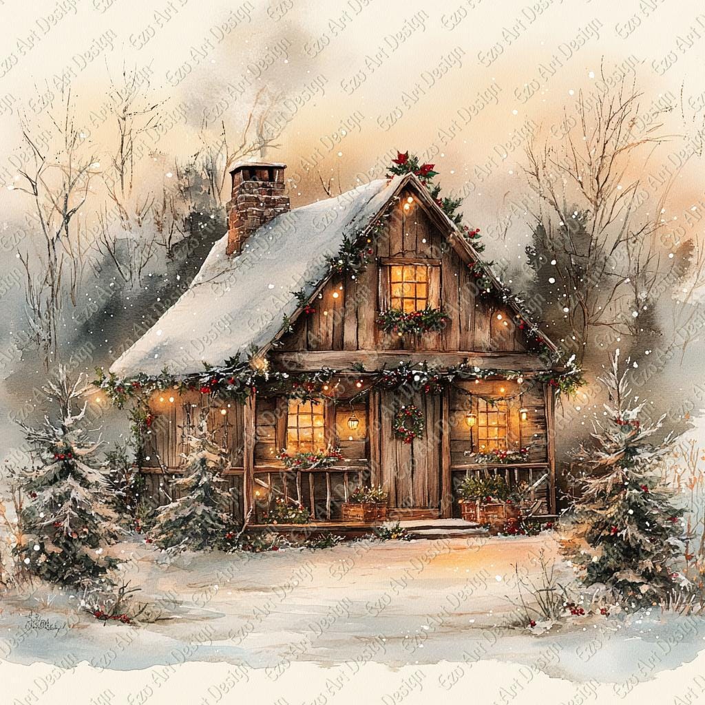 Winter Cabin Landscape Clipart, Snowy House JPG (digital Download) - Etsy