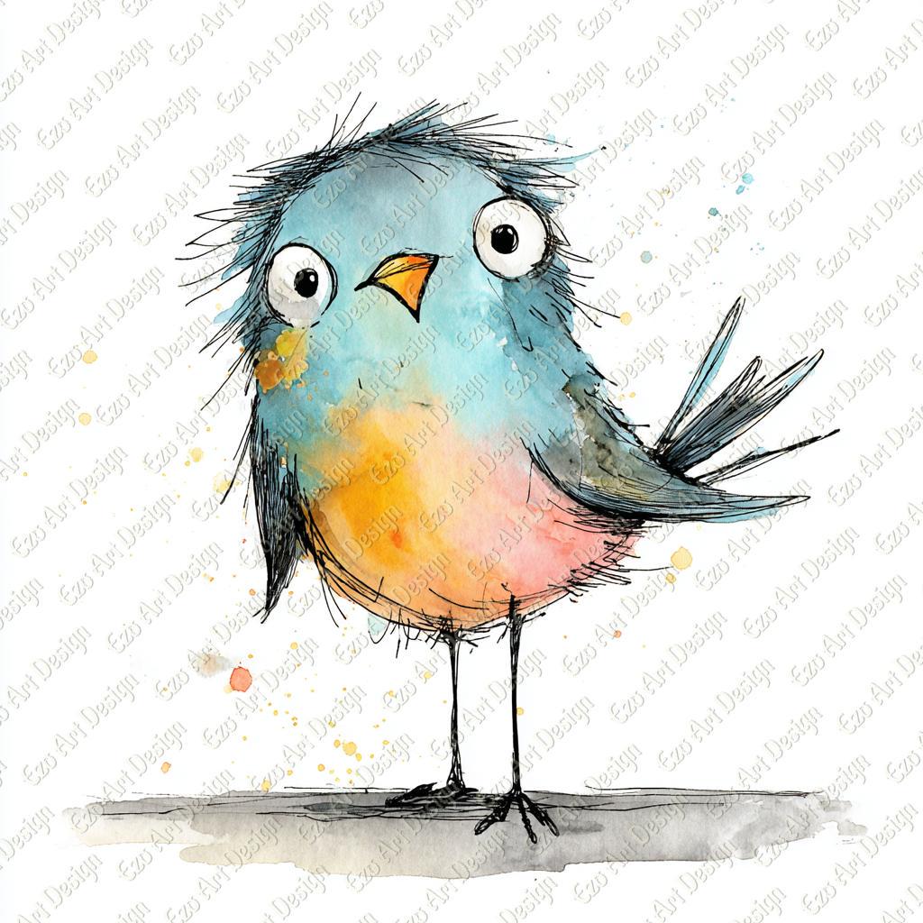 Whimsical Bird Clipart, Nursery Art, Funny Cartoon (digital Download ...