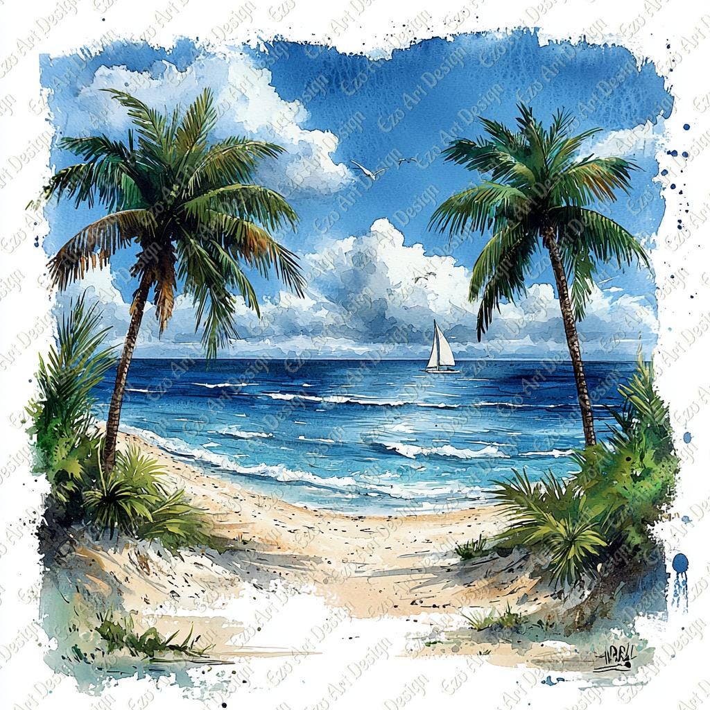 Tropical Beach Scene Clipart: Ai-enhanced Ocean Views (10 JPG Files) - Etsy