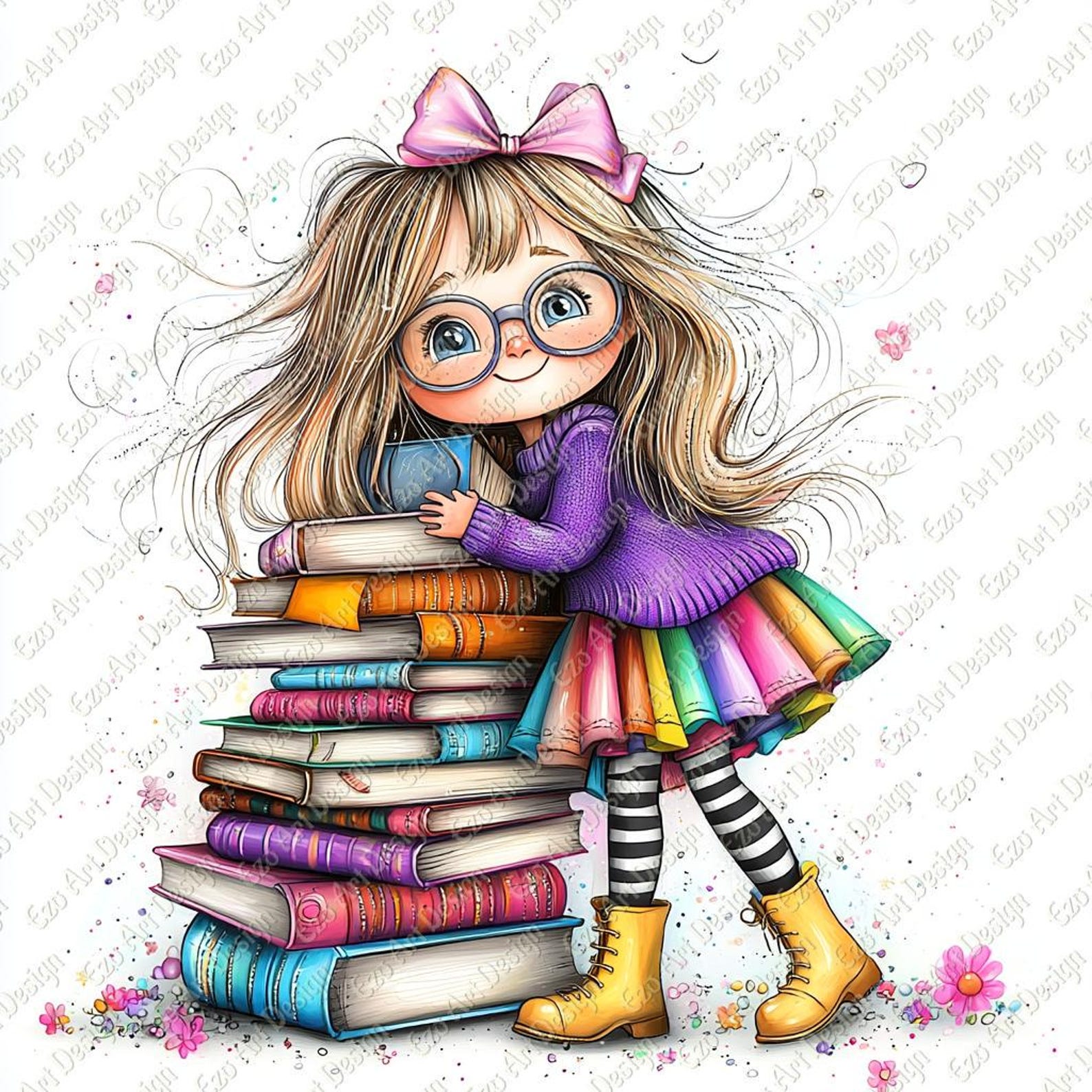 Quirky Bookworm Girl Clipart, Student Art (digital Download) - Etsy
