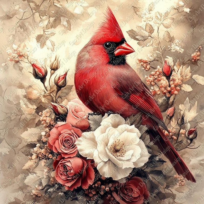 Cardinal and Roses Clipart, Elegant Bird JPG (digital Download, 10 Jpgs ...
