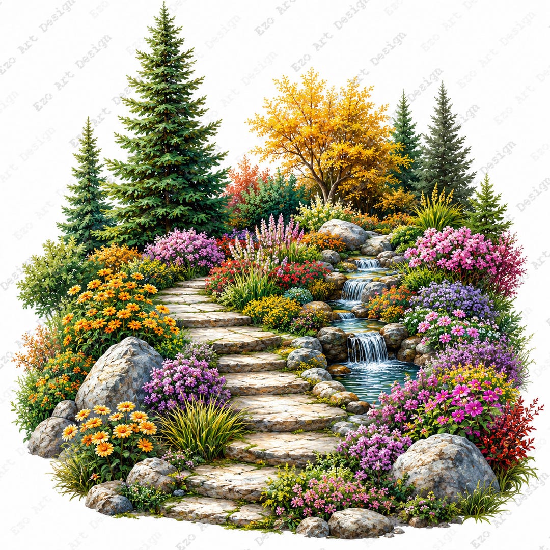 Spring Garden Landscape Clipart, Watercolor Floral Cottage Nature Art ...