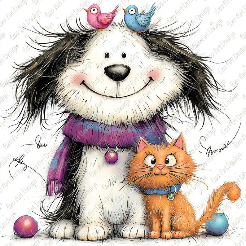 Quirky Dog and Cat Clipart, 10 High Quality JPG, Quirky Pals, Whimsical ...
