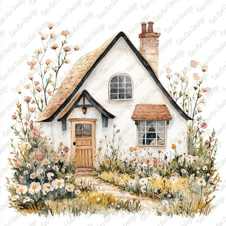 Watercolor Cottage House Clipart, Wildflower Garden, Fairytale Dwelling ...