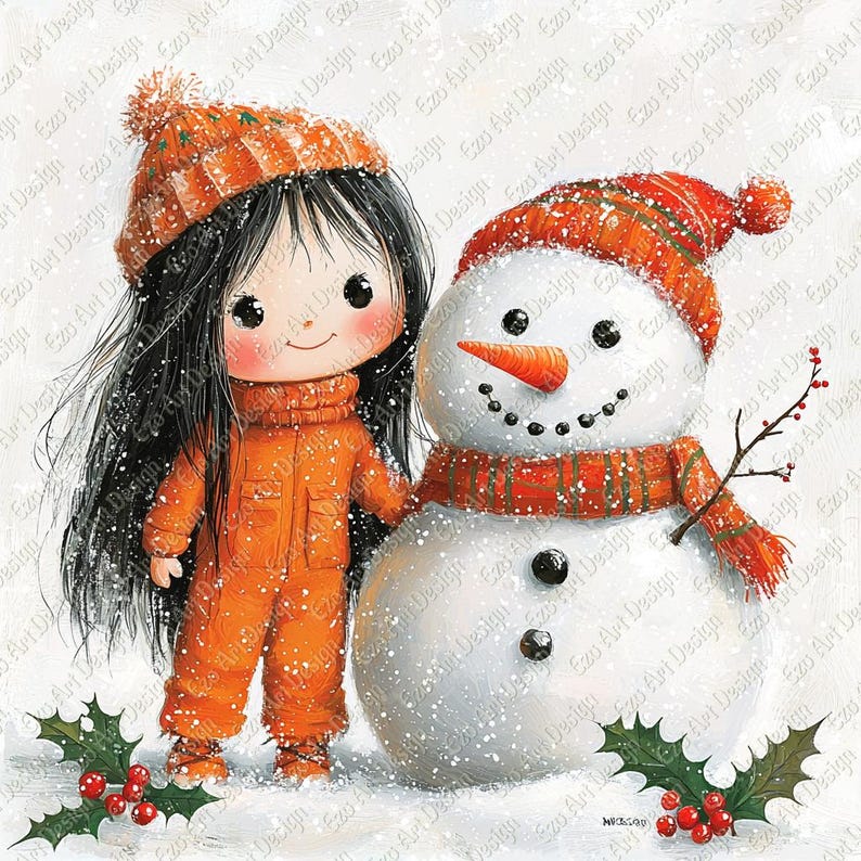 Girl and Snowman Clipart, Winter Friends JPG (digital Download) - Etsy