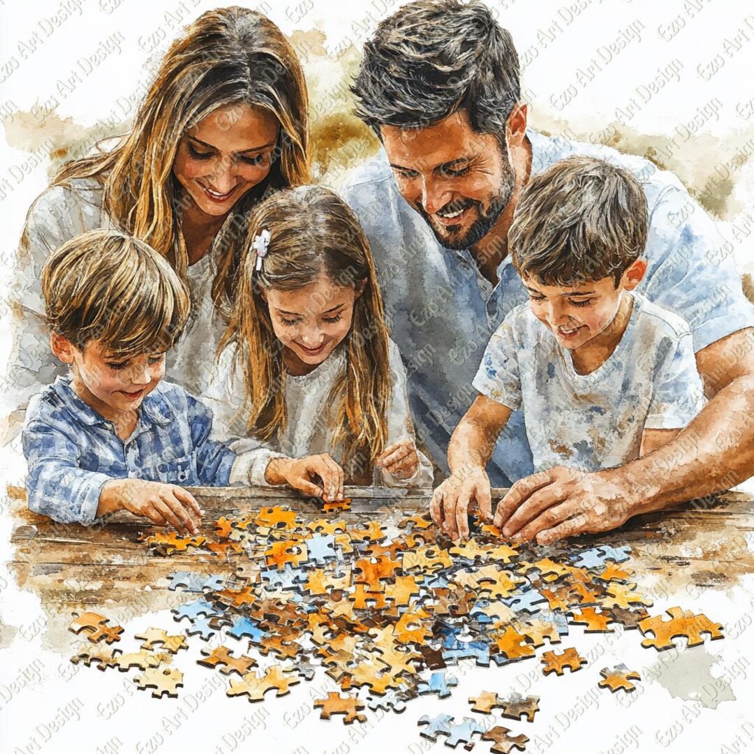 Family Puzzle Time Clipart, AI Enhanced JPG Images (digital Download ...