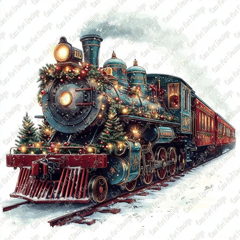 Vintage Christmas Train Clipart, Festive Holiday Art (digital Download ...