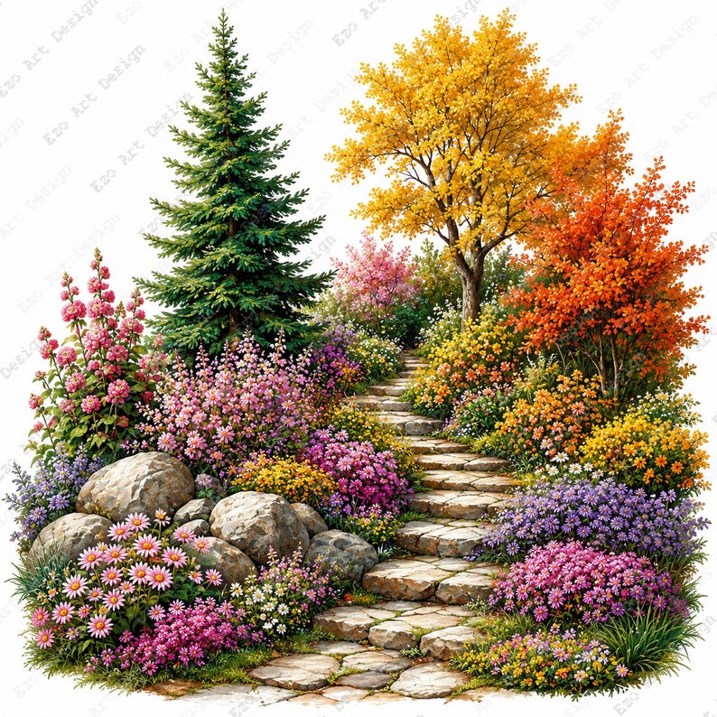 Spring Garden Landscape Clipart, Watercolor Floral Cottage Nature Art ...