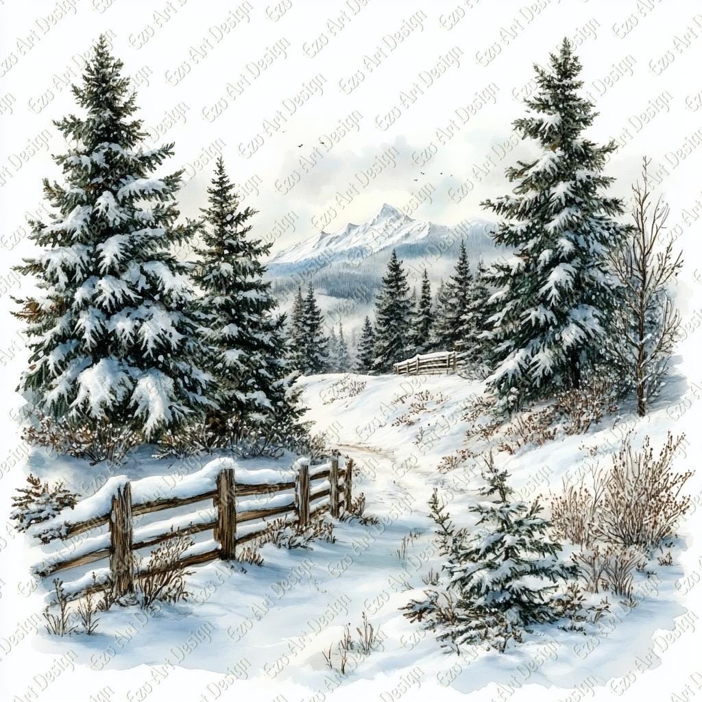 Winter Pine Forest Clipart, Snowy Trees, Frozen Landscape (digital ...