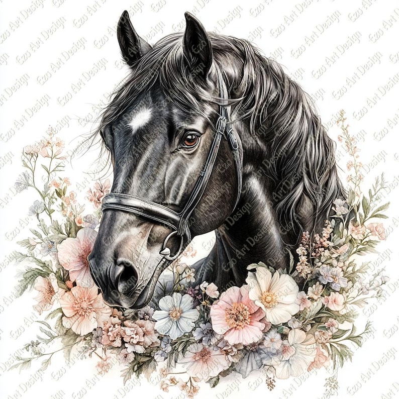 Floral White Horse Clipart, Wildflower Horse Art (digital Download) - Etsy