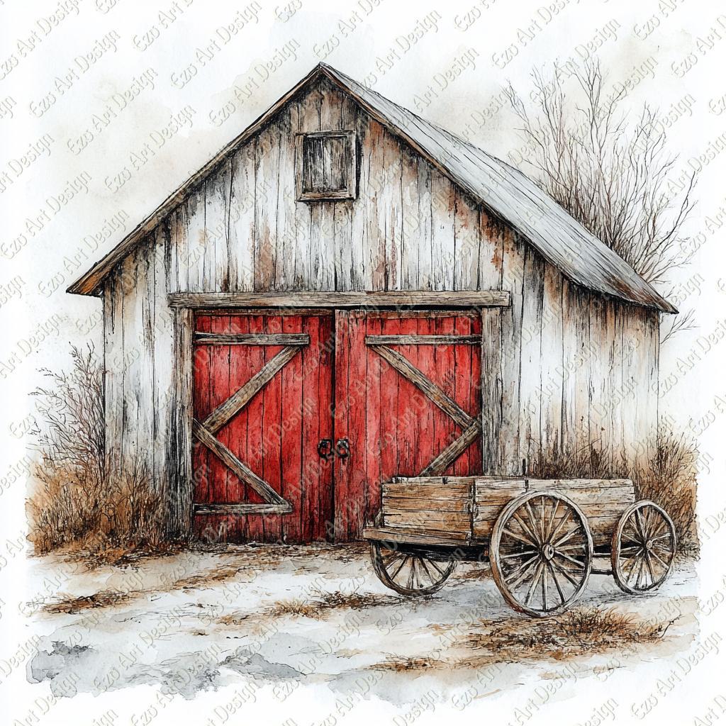 Farmhouse Wall Art, Rustic Barn Clipart Printable, Country Landscape ...