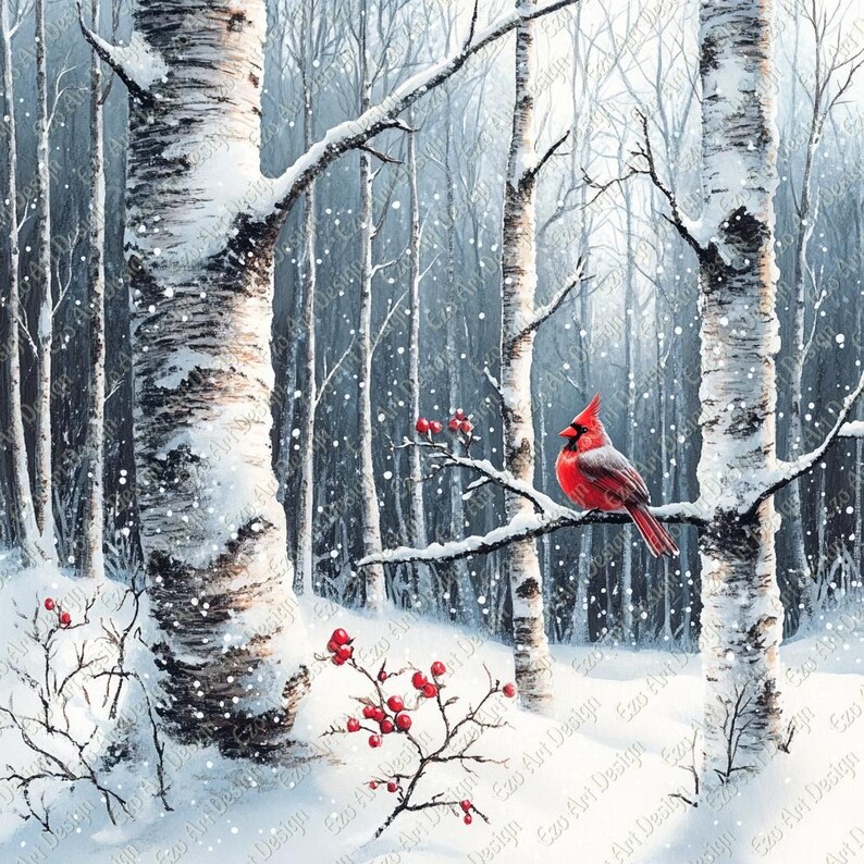Red Cardinal Winter Forest Clipart, Snowy Scene (digital Download) - Etsy