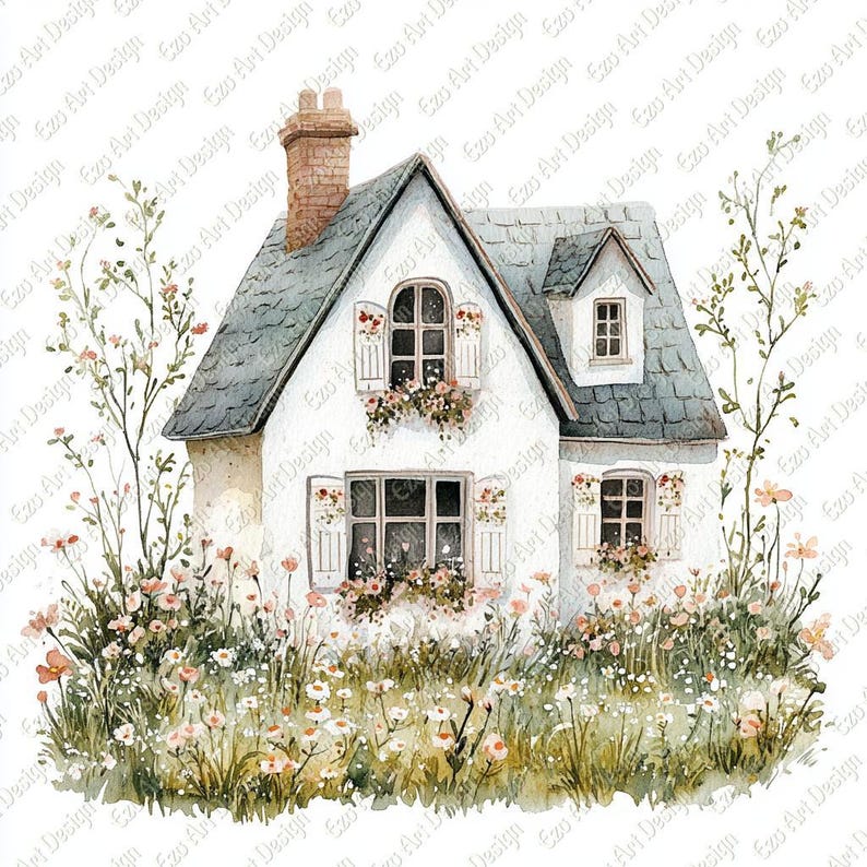 Watercolor Cottage House Clipart, Wildflower Garden, Fairytale Dwelling ...