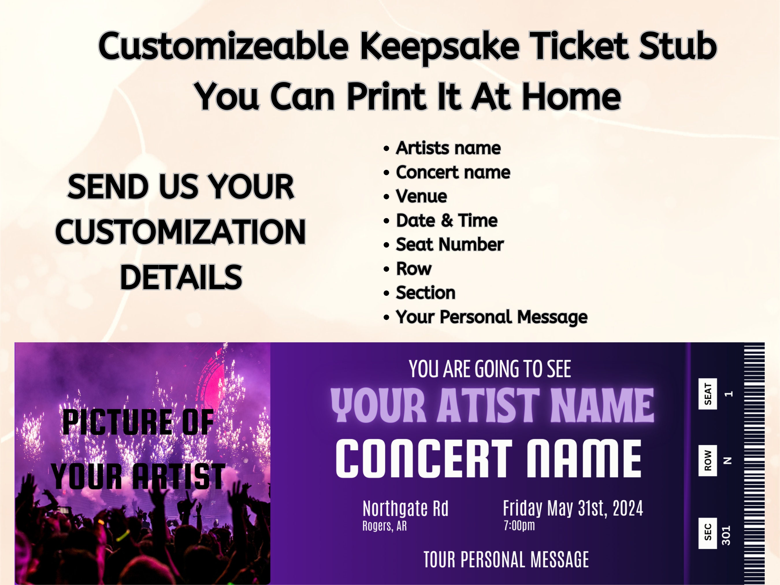 Customizable Concert Ticket Stub Ticket Keepsake Custom Movie Ticket ...