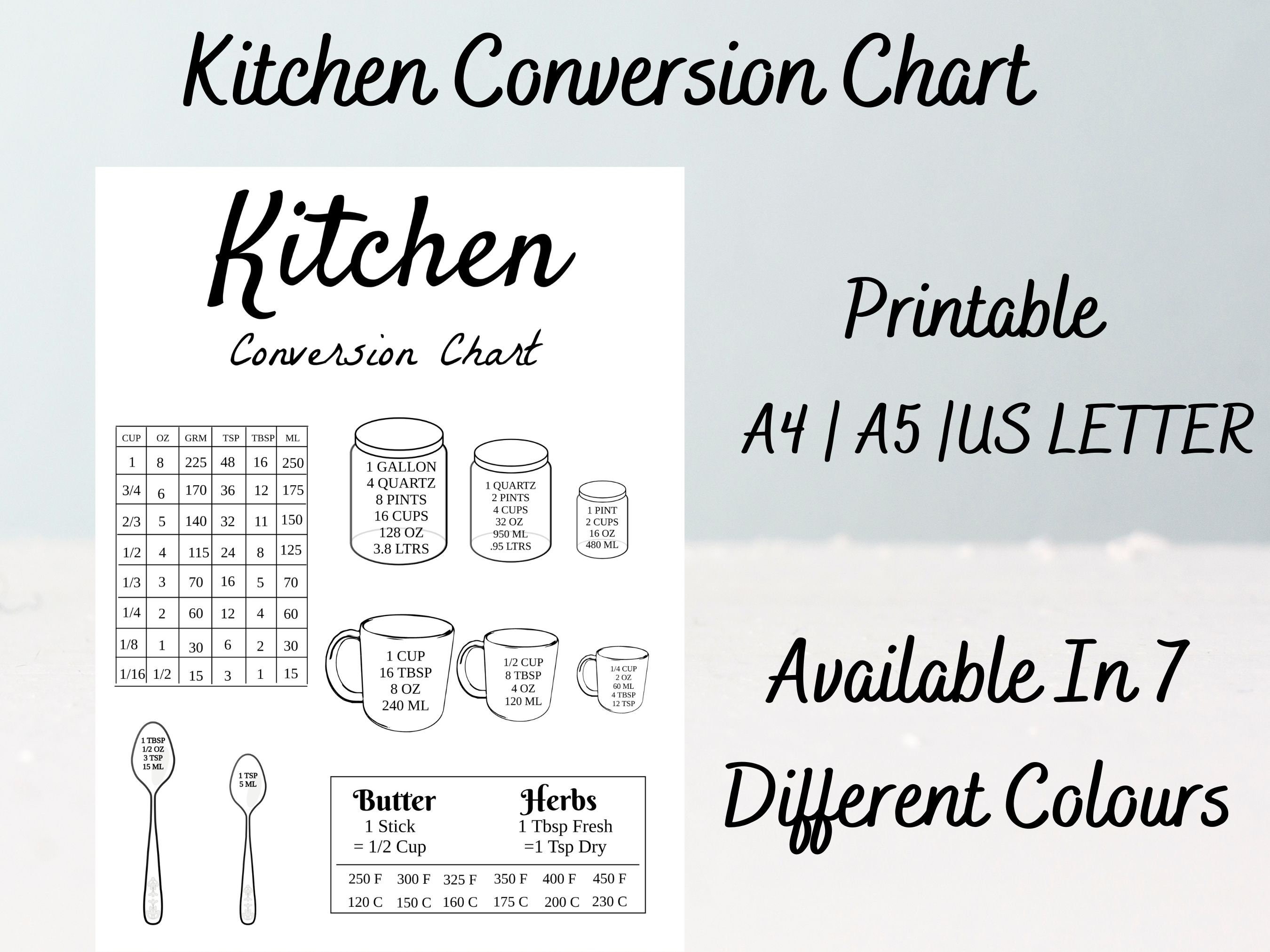 Kitchen Conversion Chart Printable PDF JPEG and SVG - Etsy