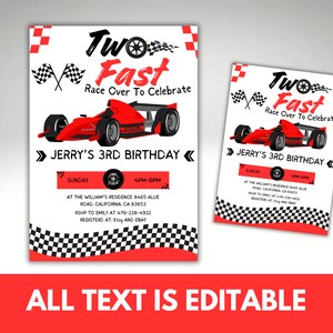 Editable Two Fast Birthday Card Fast One Birthday Card Race Car 2nd ...