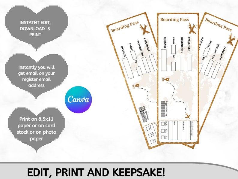 Editable Boarding Pass Ticket Stub | Ticket Keepsake Custom Boarding ...