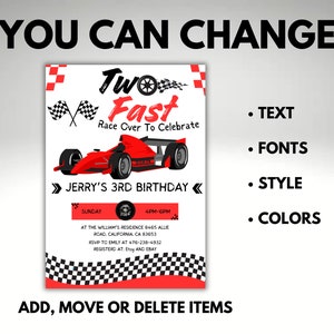 Editable Two Fast Birthday Card Fast One Birthday Card Race Car 2nd ...