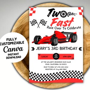 Editable Two Fast Birthday Card Fast One Birthday Card Race Car 2nd ...