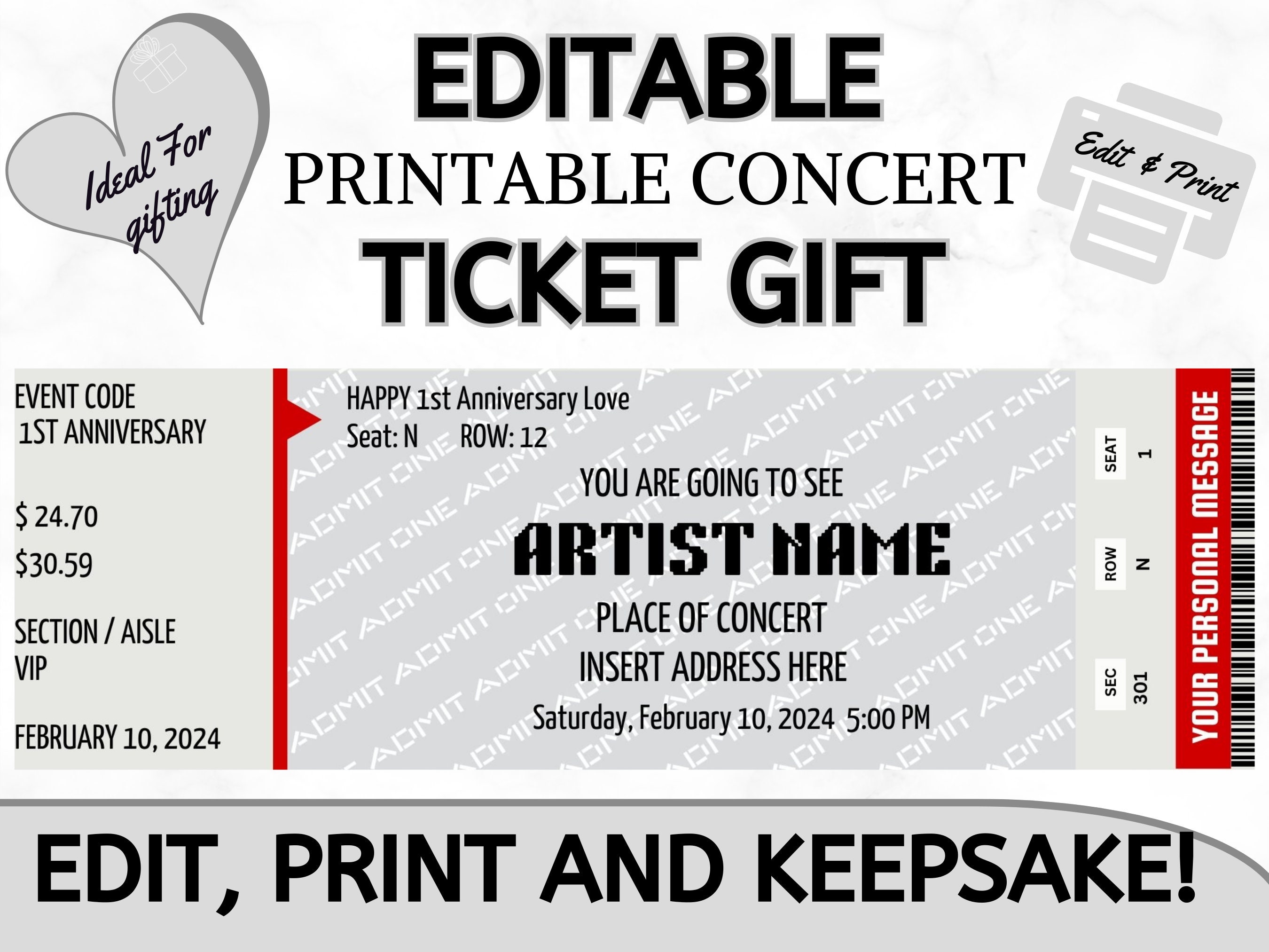 Editable Concert Ticket Stub Concert Ticket Template Printable Keepsake ...