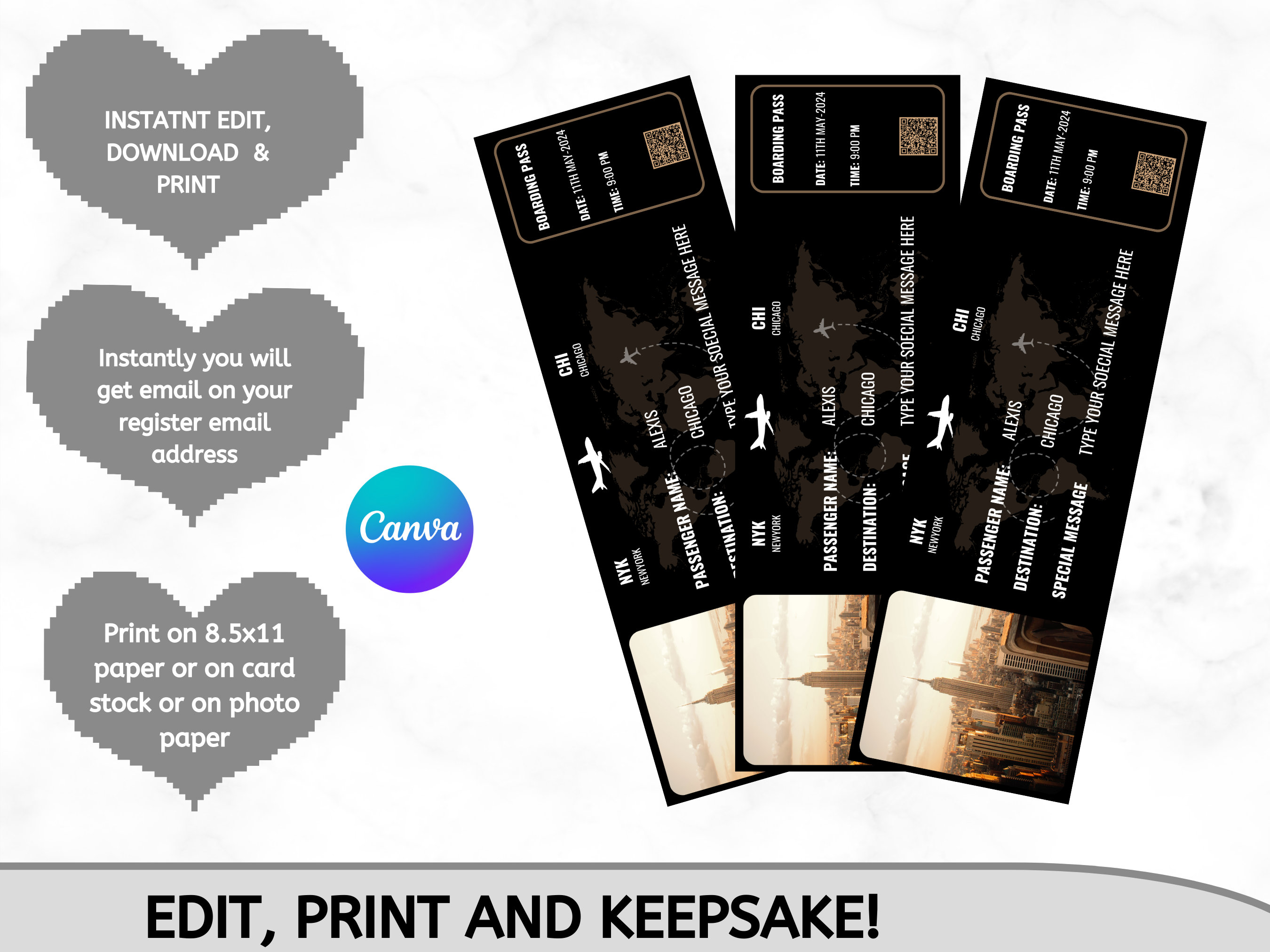 Editable Boarding Pass Ticket Stub Ticket Keepsake Custom Boarding Pass ...