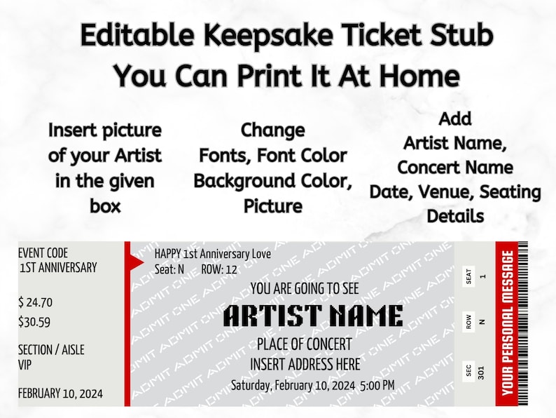 Editable Concert Ticket Stub Concert Ticket Template Printable Keepsake ...