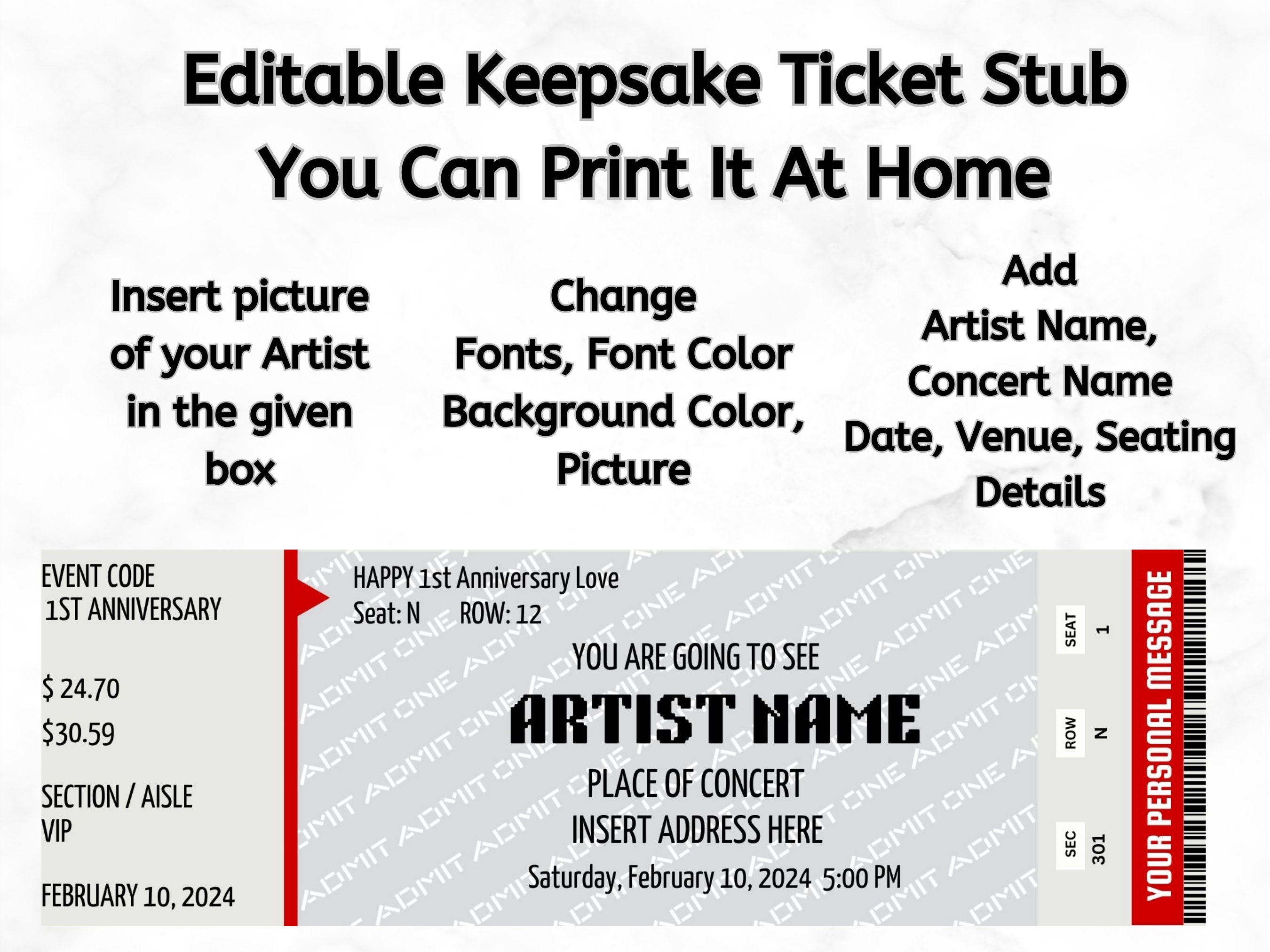 Editable Concert Ticket Stub Concert Ticket Template Printable Keepsake ...