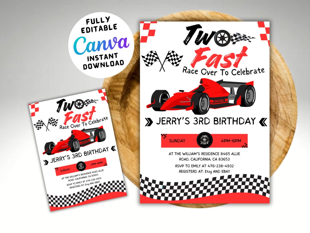 Editable Two Fast Birthday Card | Fast One Birthday Card | Race Car 2nd ...