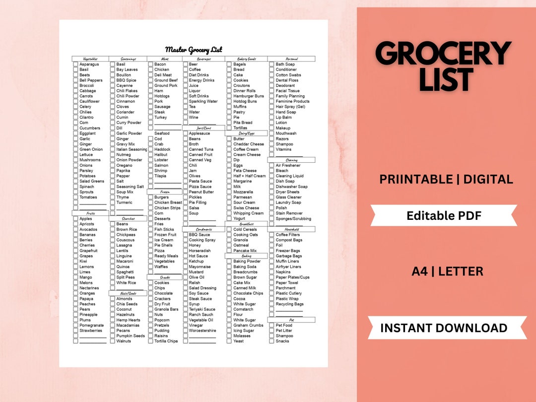 Master Grocery List Printable Template|grocery Planner|food Shopping ...