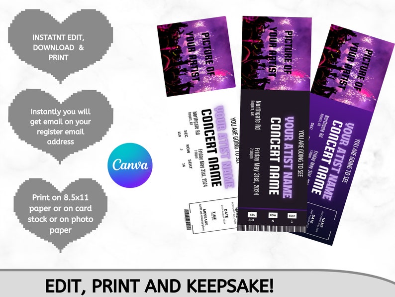 Editable Concert Ticket Stub Ticket Keepsake Custom Movie Ticket ...