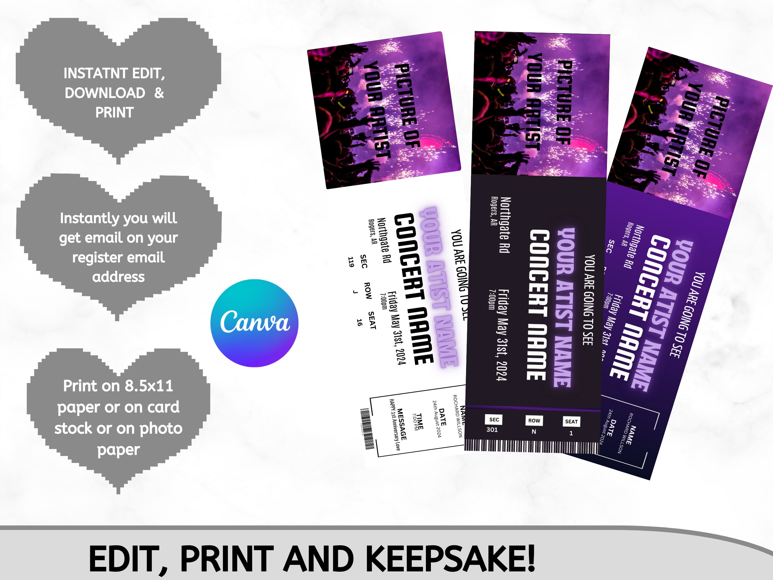 Editable Concert Ticket Stub Ticket Keepsake Custom Movie Ticket ...