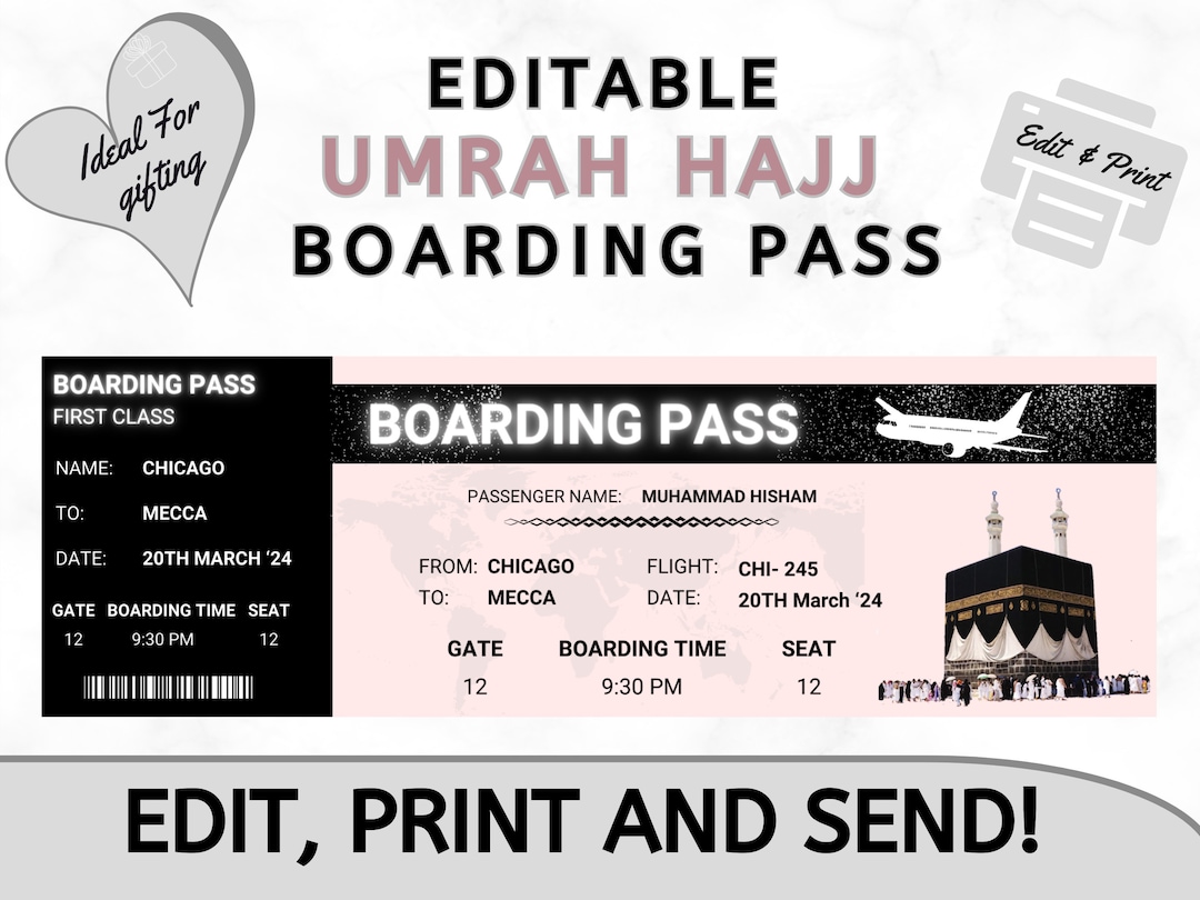 Editable Umrah Hajj Ticket Anniversary Gift Keepsake Umrah Boarding ...