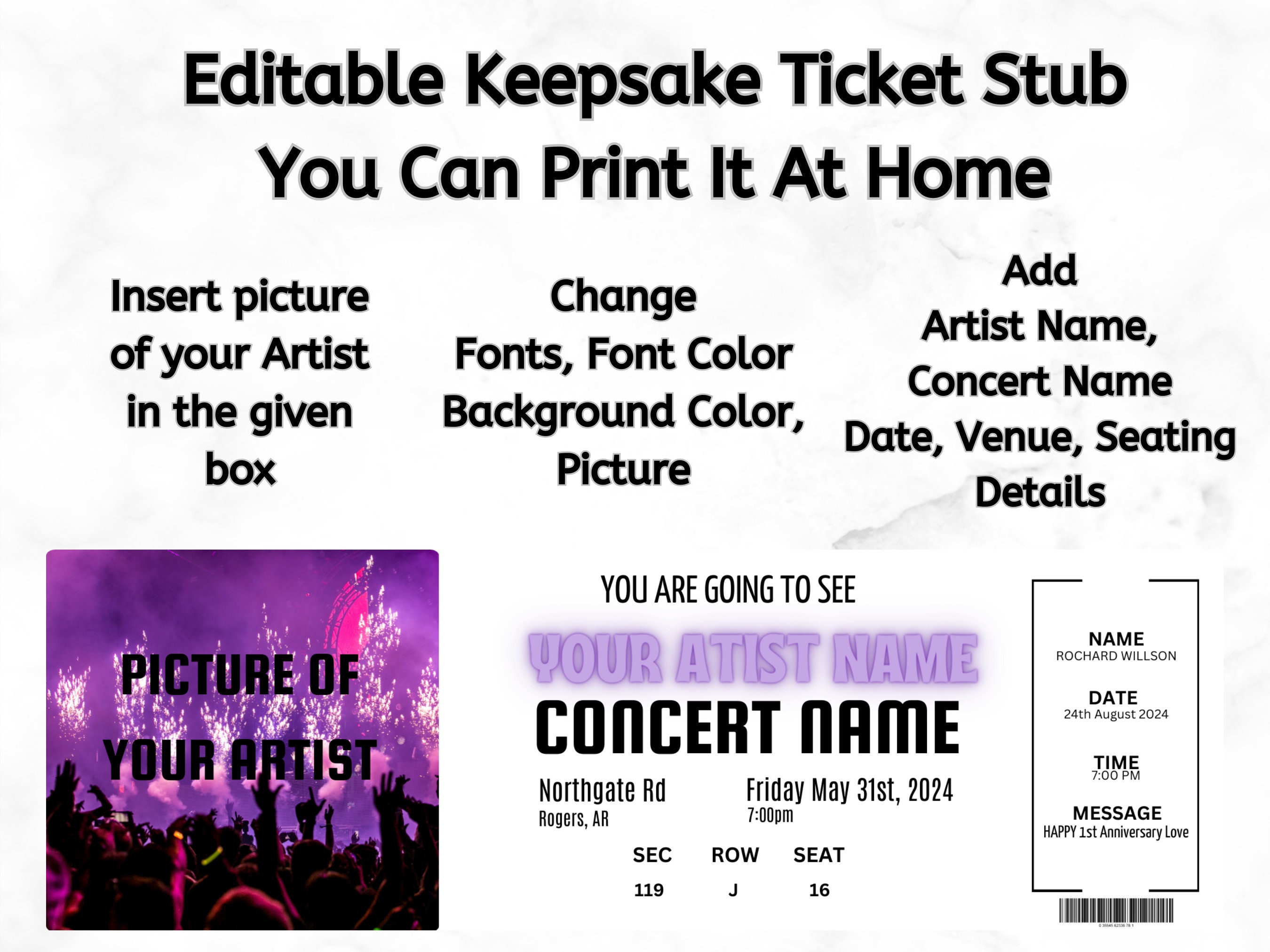 Editable Concert Ticket Stub Ticket Keepsake Custom Movie Ticket ...