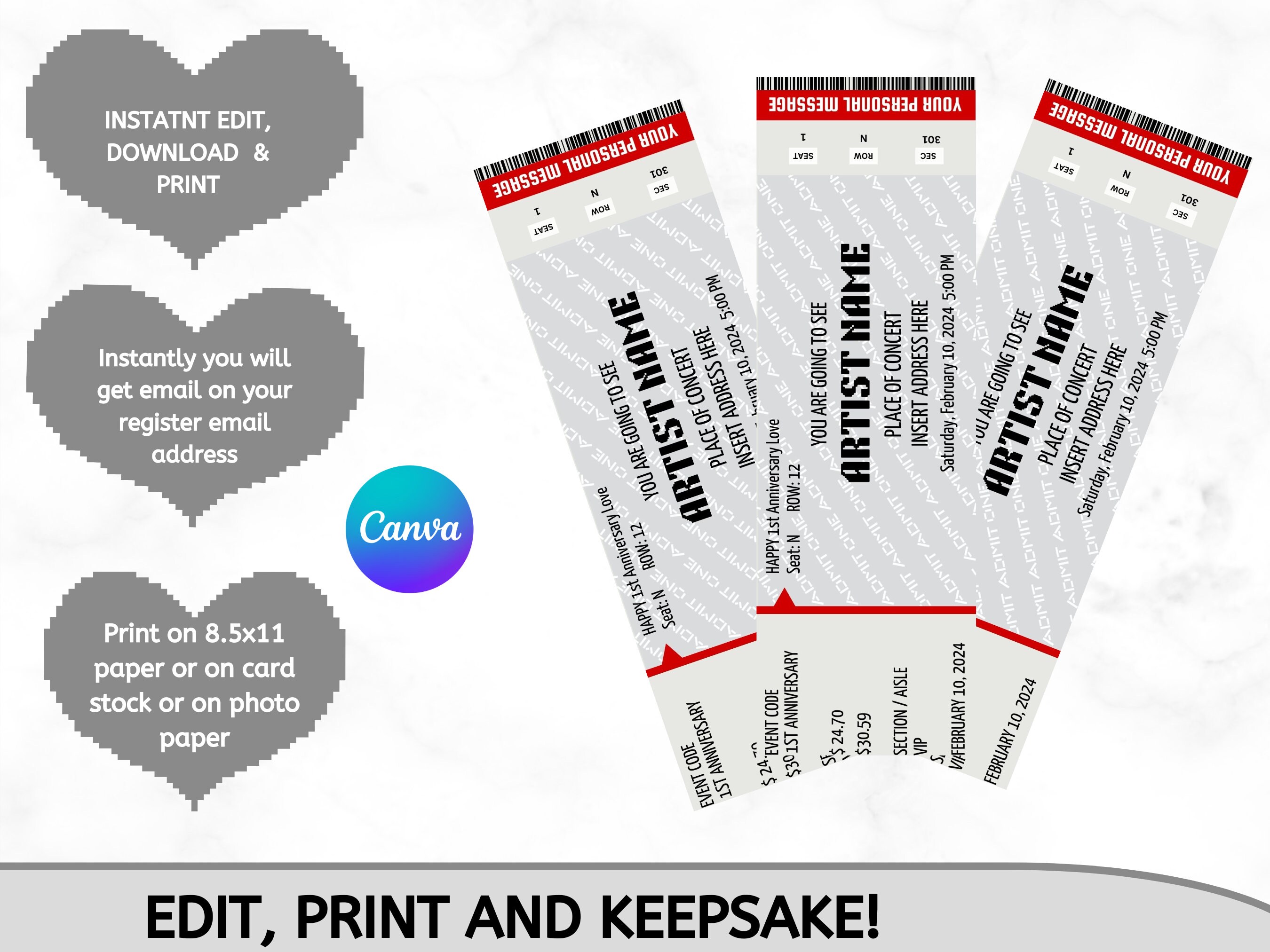 Editable Concert Ticket Stub Concert Ticket Template Printable Keepsake ...