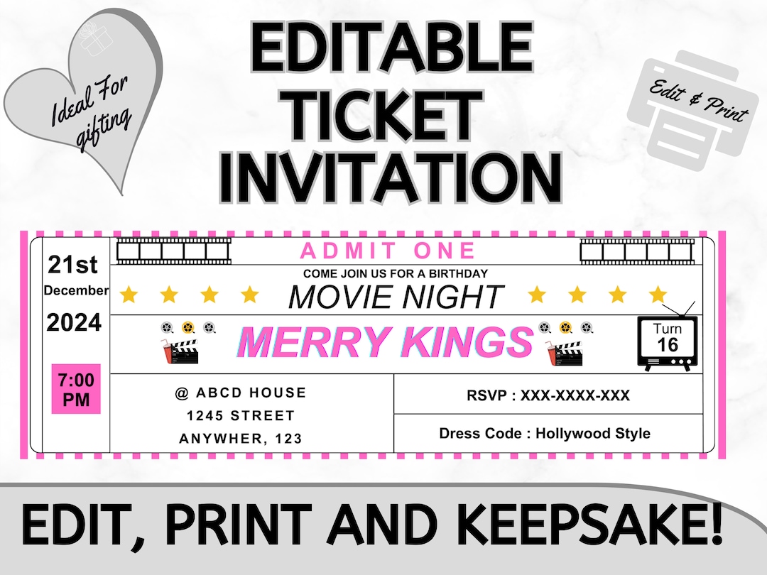 Editable Invitation Ticket Stub Invitation Ticket Template Printable ...