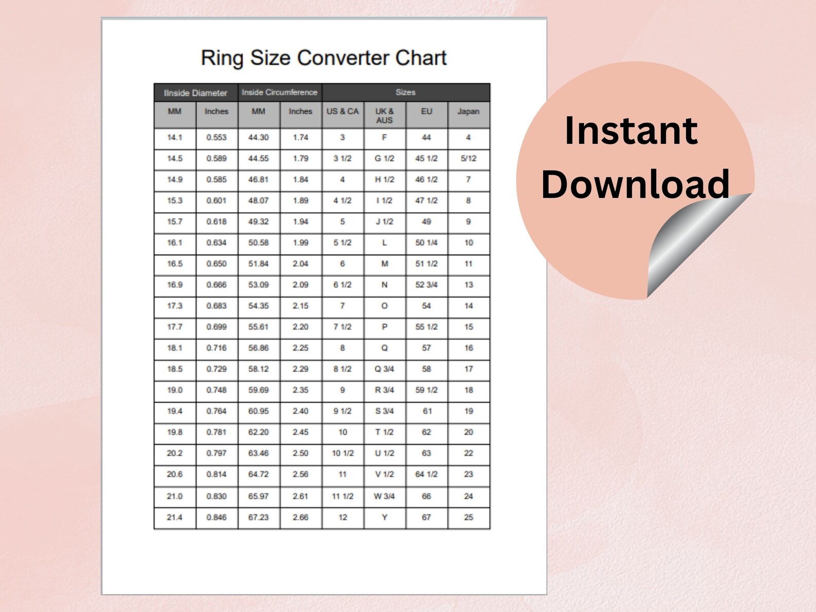 Ring Size Chart Printable Ring Sizer | Conversion De Taille De Bague ...