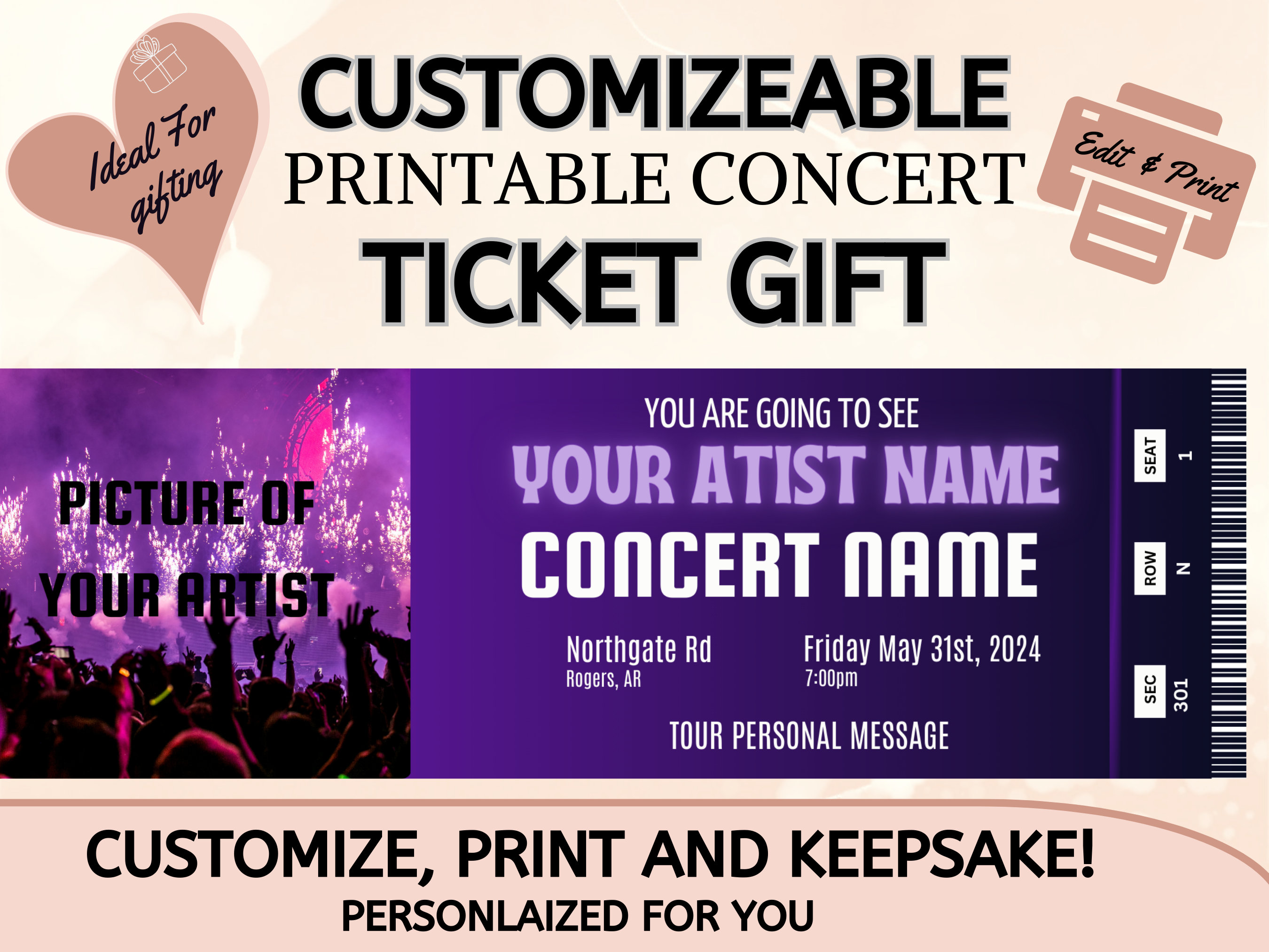 Customizable Concert Ticket Stub Ticket Keepsake Custom Movie Ticket ...