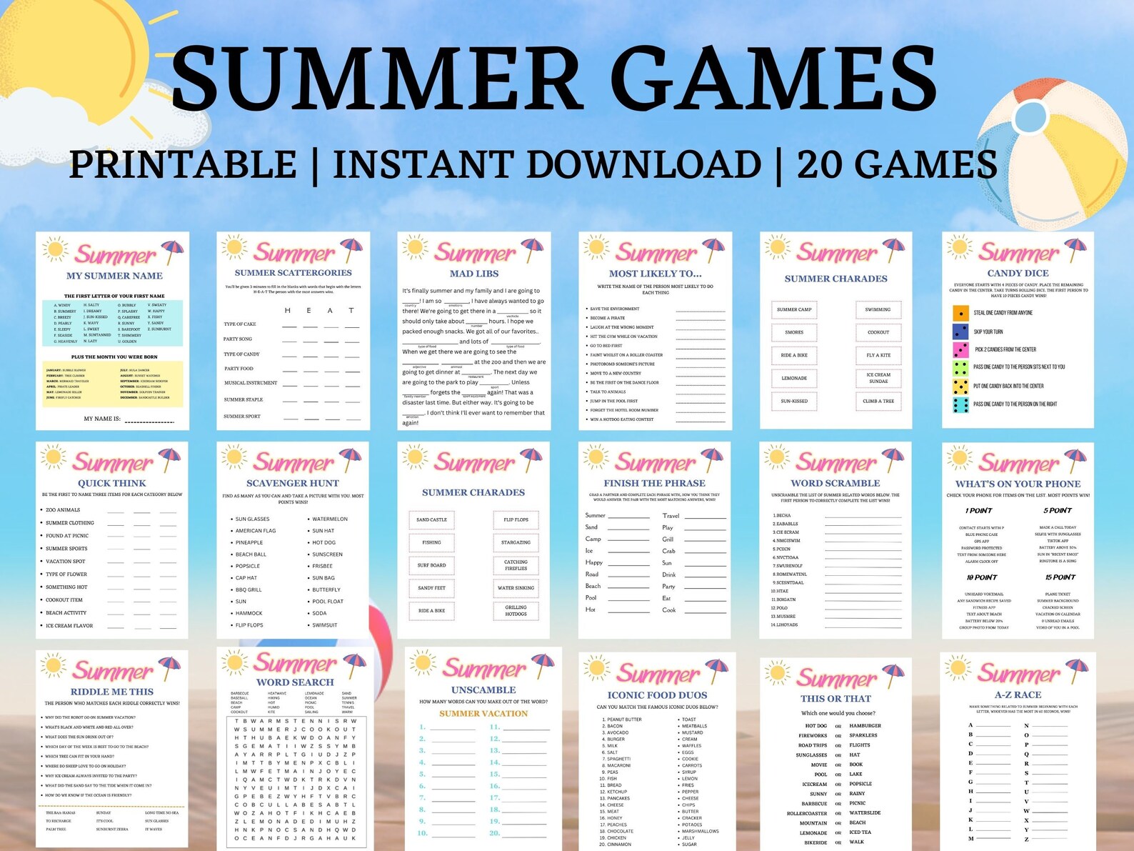 Summer Games Printable Games Bundle Party Games Family - Etsy