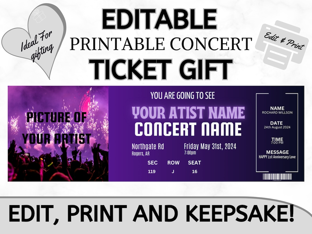 Editable Concert Ticket Stub Ticket Keepsake Custom Movie Ticket ...