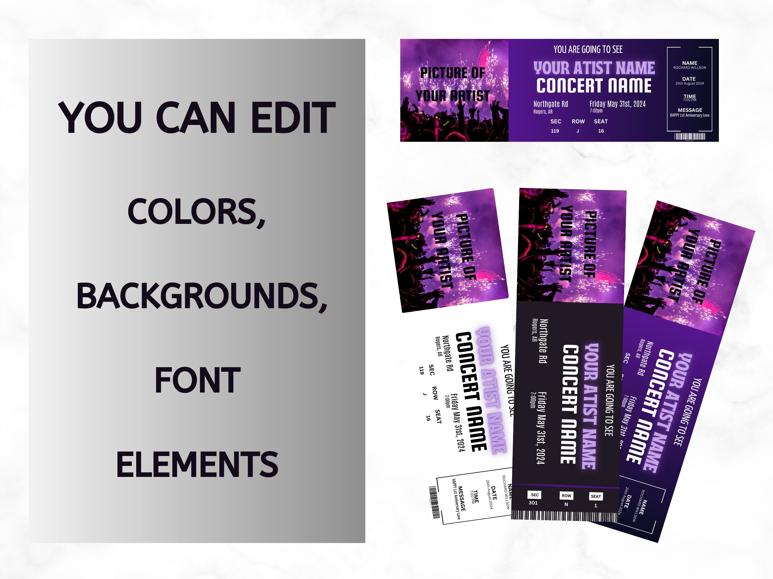 Editable Concert Ticket Stub Ticket Keepsake Custom Movie Ticket ...