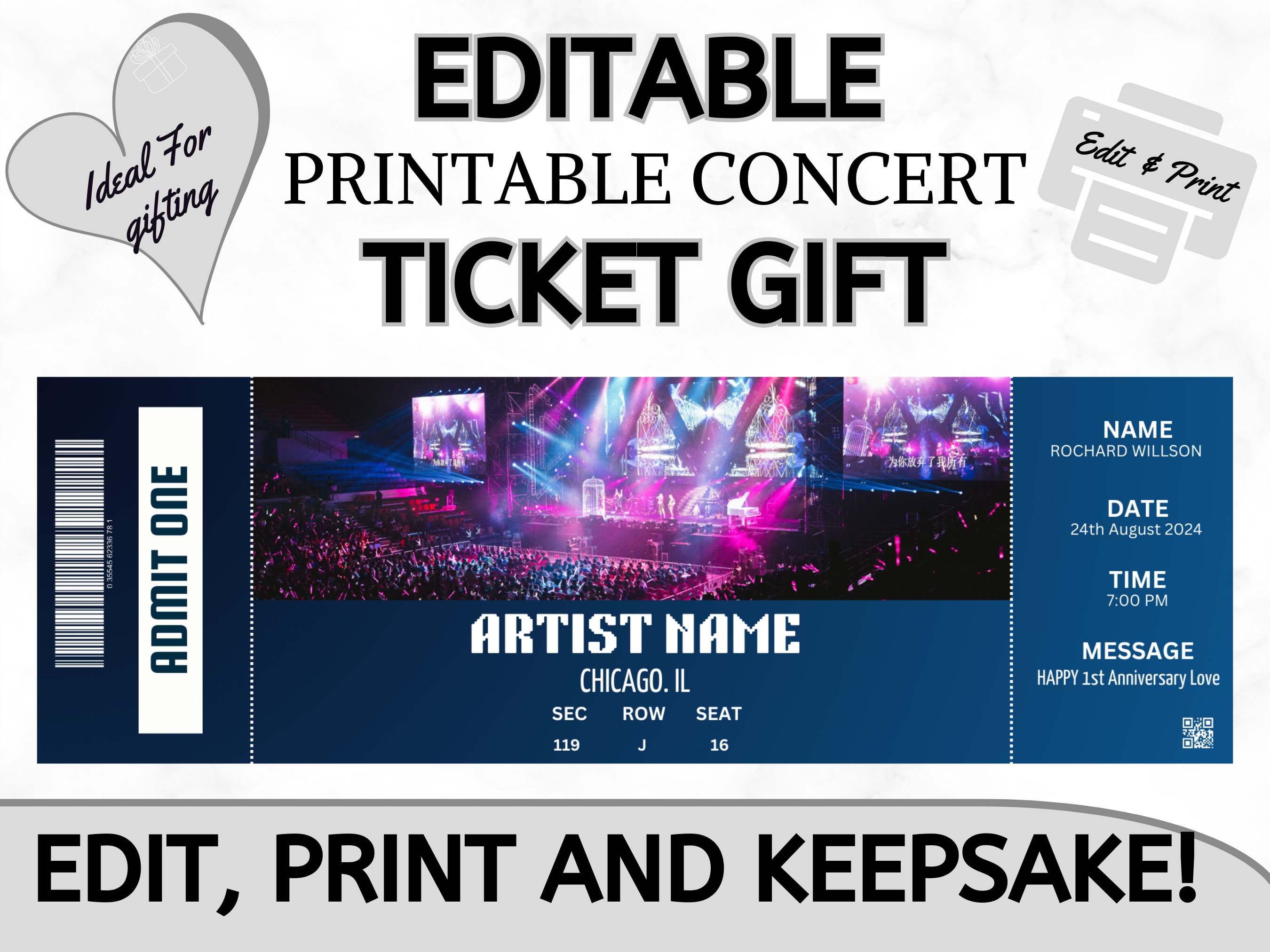 Editable Concert Ticket Stub | Ticket Keepsake | Custom Movie Ticket ...