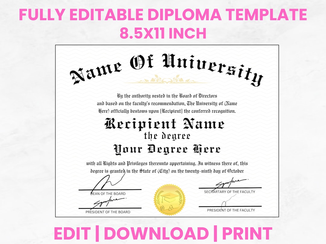Editable University Diploma, College Degree Template, Printable ...