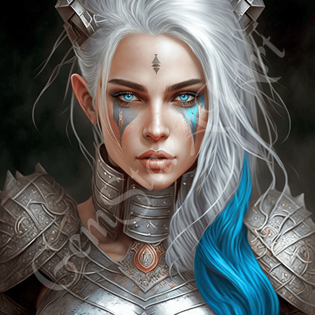 A Beautiful Princess With White Hair and Blue and Platinum Armour - Etsy