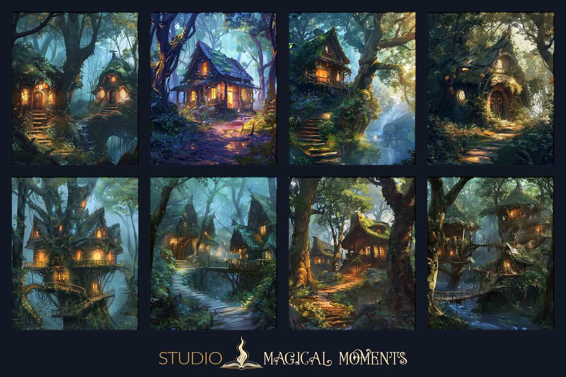 Magical Forest Huts Digital Artworks Pack Set of 16 Digital Papers ...