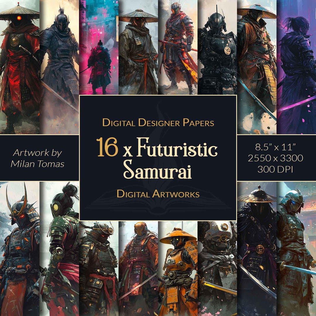 Futuristic Samurai Digital Artworks Pack | Set of 16 Digital Papers ...