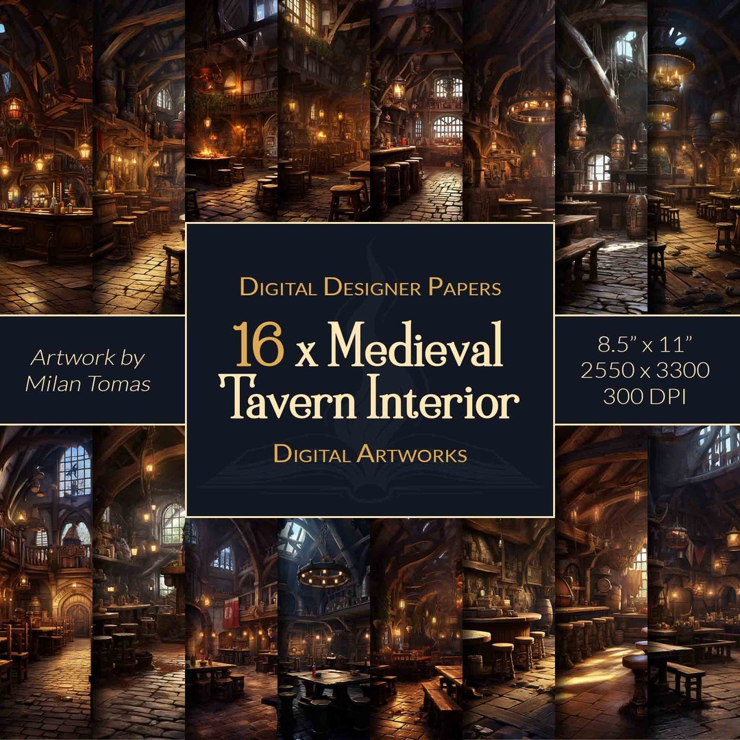 Medieval Tavern Interior Digital Papers: Fantasy Scrapbook Art (set of ...